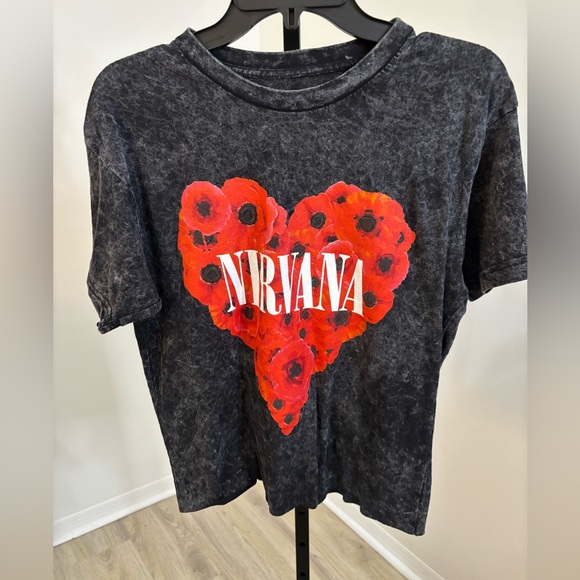 NIRVANA | Tops | Nirvana Black Tee With Red Heart Flower Print | Poshmark